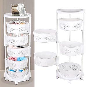 Pinelicorn 5 Tier Kitchen Rotating Storage Rack,Multi-Layer Storage Basket with Wheels,White Storage Shelves Racks,Rotating Shelf Organizer,Rolling Storage Cart for Kitchen Living Room Bedroom