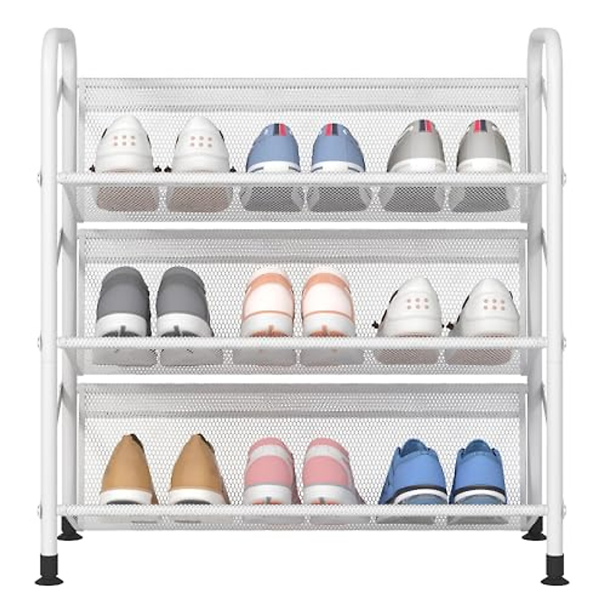 FKUO 3 Tier Shoe rack for closet Mesh fabric narrow Metal shoe racks, Small Shoe Storage Organizer Shelf for Entryway, Hallway, Dorm Room (White, Wider 3 Tier)