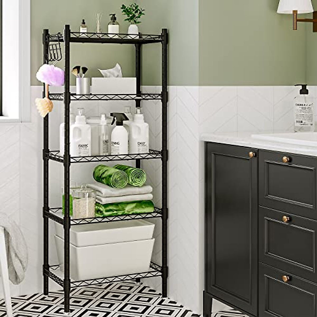 SORCEDAS Shelf 5 Wier Metal Storage Rack Shelving Unit Organizer for Kitchen Laundry Garage Bathroom Pantry Closet Office(16.54" Wx11.81 Dx50 H,Black)