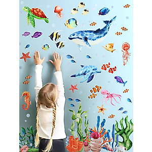 Kalolary Under The Sea Wall Decals Sea Turtle Whale Dolphin Starfish Wall Stickers 3D Coral Reef Ocean Grass Bubbles Wall Decals Wall Decoration for Wall Corner Nursery Room Children Bedroom Bathroom