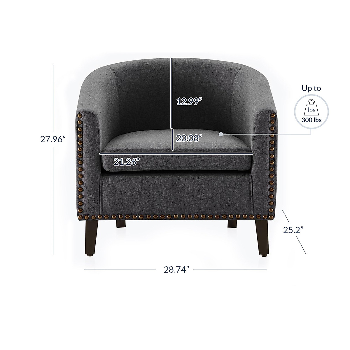 BELLEZE Accent Barrel Chair, Modern Tub Club Chair Upholstered Armchair for Living Room, Accent Chair with Gold Nail Head Trim Black Legs - Kyara (Gray/Linen)