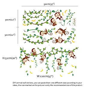 Runtoo Monkey Wall Stickers Jungle Animals Wall Decals Tree Kids Bedroom Baby Nursery Classroom Wall Decor