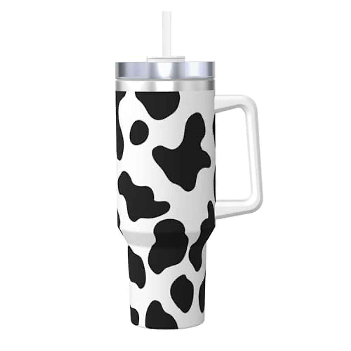 deaokluy 40 OZ Cowhide Print Ice Bully Cup with Handle Straw Lid, Double Wall Stainless Steel Tumbler Travel Coffee Cup, Black and White Insulation and Cooling Cup for Christmas Birthday Present
