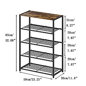 Yusong Shoe Rack, 5 Tier Shoe Organizer Storage for Closet Entryway, Narrow Tall Metal Shoe Shelves with Industrial Wooden Top, Rustic Brown and Black