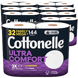 Cottonelle Ultra Comfort Toilet Paper with Cushiony CleaningRipples, 2- Ply, 32 Family Mega Rolls (8 Packs of 4) (32 Family Mega Rolls= 144 Regular Rolls), 325 Sheets per Roll, Packaging May Vary