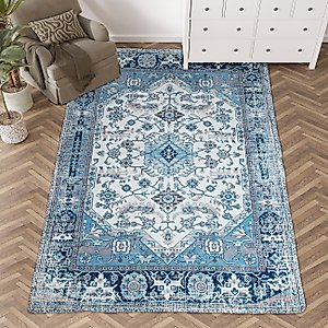 Area Rug 5x7 Washable Boho Vintage Rug with Non Slip Backing Soft Low-Pile Carpet Foldable Mat for Living Room Bedroom Dining Office, Light Blue/White