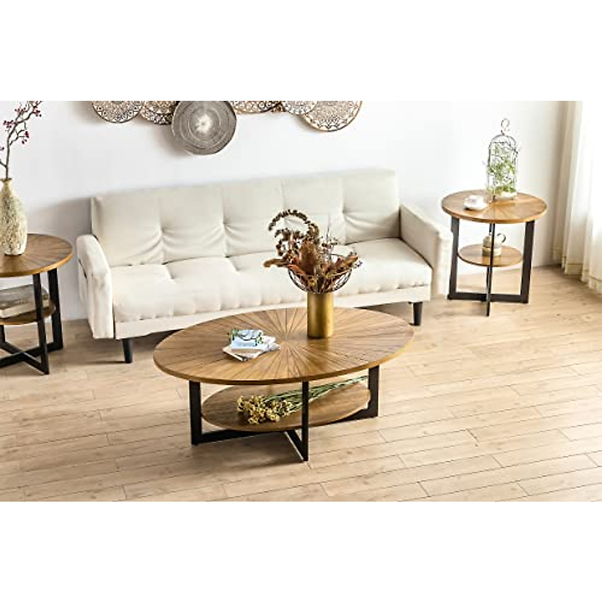 DAKVO Solid Wood Coffee Table for Living Room and Bedroom, Farmhouse Oval Coffee Table with Storage, Oval Round Coffee Tables Living Room