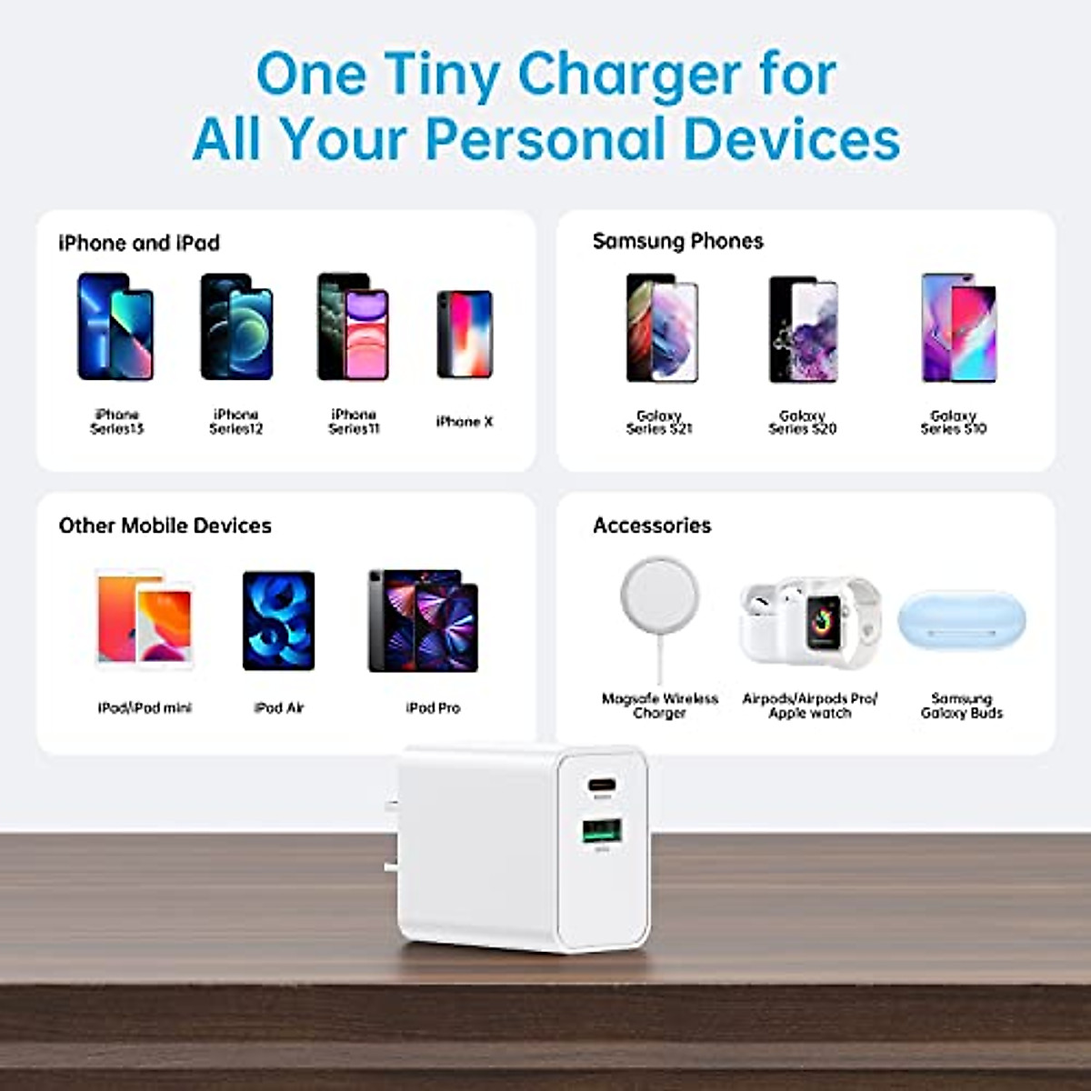 USB C Wall Charger Block 20W, Dual Port USB-C Wall Plug-in USB Charger 20W PD & QC3.0 USB A Fast Charging Block for iPhone 14/13/12/11 /Pro Max, iPad Pro, AirPods Pro, Samsung Android Phones and More