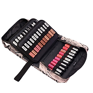 ROWNYEON Lipstick Organizer Bag Case Lipstick Holder 67 Slots Snake Print Portable Travel Makeup Bag Cosmetic Case Lipstick Carrying Case Makeup Storage Bag Case For Lip Gloss,Mascara-Pink PU Leather