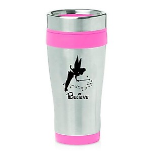 16oz Insulated Stainless Steel Travel Mug Coffee Mug Tumbler Fairy Believe (Pink)
