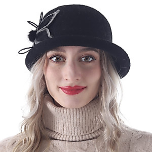 FORBUSITE Women Winter Hat - Vintage Wool Cloche Bucket Hat 1950s 20s Black