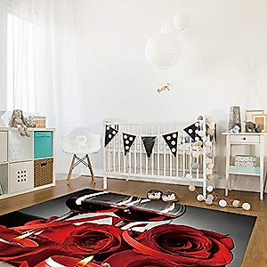 Large Area Rug for Living Room- Valentines Romantic Red Rose Flowers and Wine Soft Comfort Carpet Home Decorate Contemporary Runner Rugs, 2' x 3'