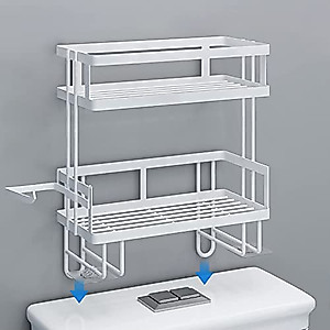 JOYKI Bathroom Over The Toilet Storage Shelf,2-Tier Bathroom Organizer, Restroom Organizers with Adhesive Base and Hooks,Anti-Tilt No Drilling Wall Mounting Rack Toilet Paper Hanger,White