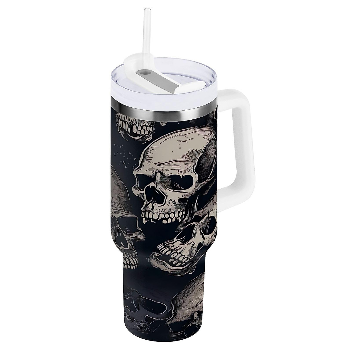Nesatuwa 40 oz Gray Skull Tumbler with Handle and Straw Lid,Reusable Stainless Steel Vacuum Insulated Tumbler Leakproof Travel Coffee Mug for Iced and Hot Beverages