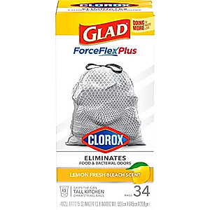 Glad ForceFlexPlus with Clorox Tall Trash Bags, 13 Gal, Lemon Fresh Bleach, 34 Ct, Pack May Vary