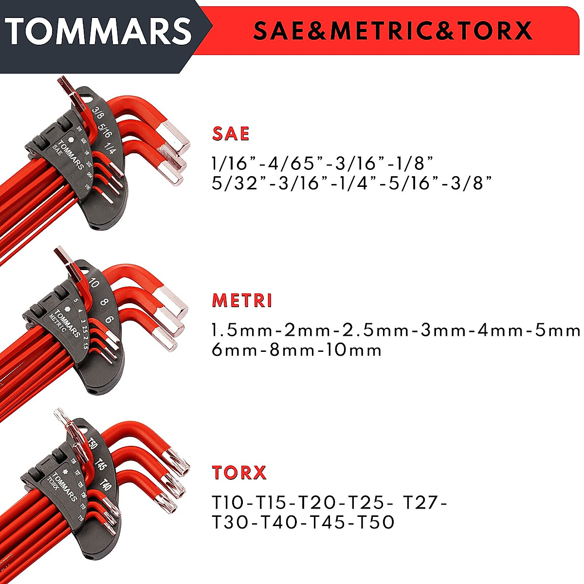 TOMMARS Hex Key Set Magnetic Ball End S2 Steel With T-Handle Hex Key Allen Wrench Set SAE(1/16"-3/8") Metric(1.5mm-10mm) TORX(T10-T50)