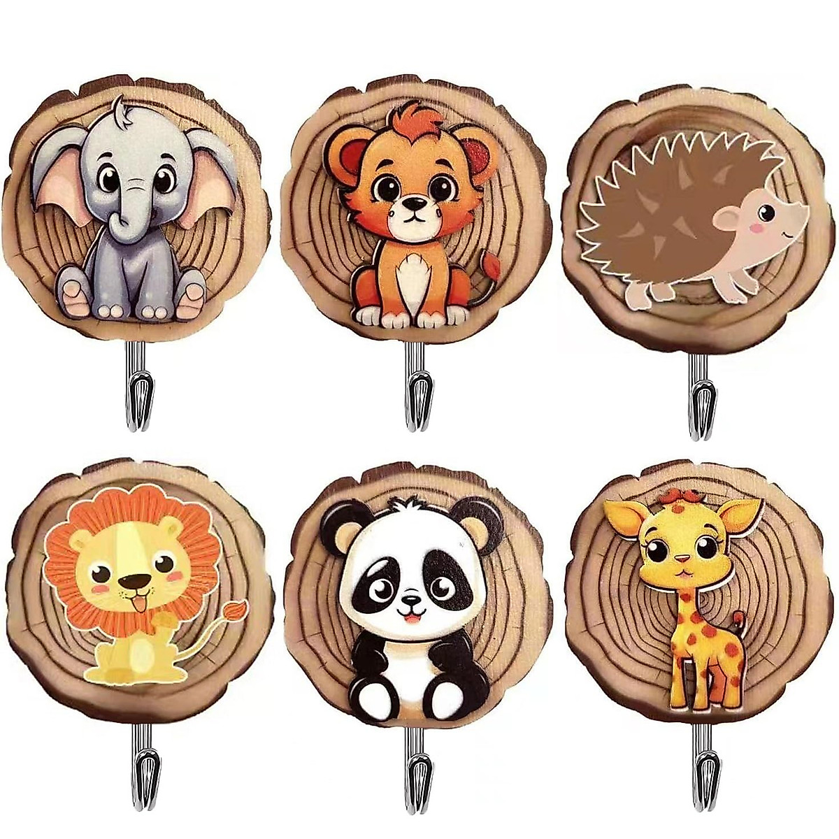 Vamotto Wooden Animal Wall Hooks, 6-Pack Self Adhesive Coat Hooks Hanging Wall Mounted Hooks for Coats, Towels, Hats,Backpack, Robe, Purse,Decorative Farmhouse