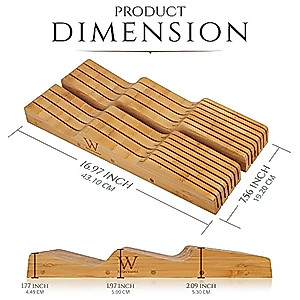 W Selections Bamboo Knife Drawer Organizer Insert - Kitchen Storage Holder for [14~20 Knives & 1~2 Knife Sharpener] Organization - Saves Countertop Space & Made of Premium Quality Moso Bamboo