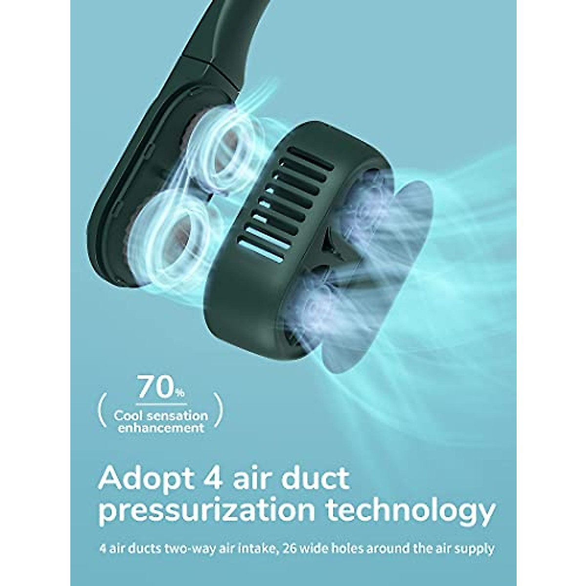 JISULIFE Personal Neck Fan, Bladeless Neck Fan Rechargeable with 4000mAh Battery Operated Neck Fan, 180° Adjustable Wrap-Around Blowing Neck Friendly for Indoor Outdoor-Dark Green