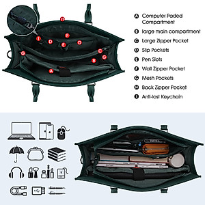 Laptop Bag for Women 15.6 Inch Waterproof Leather Tote Bag Lightweight Business Office Work Bag Large Capacity Professional Briefcase Computer Tote Bag Fashion Handbag Shoulder Bag Dark Green
