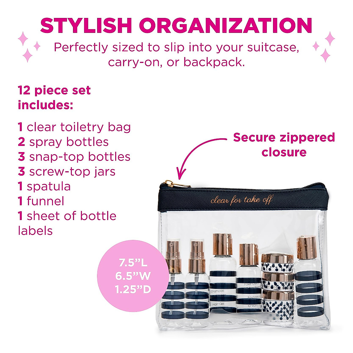 Miamica Women's-Adult Toiletry Kit, Navy & Gold, 12-Piece