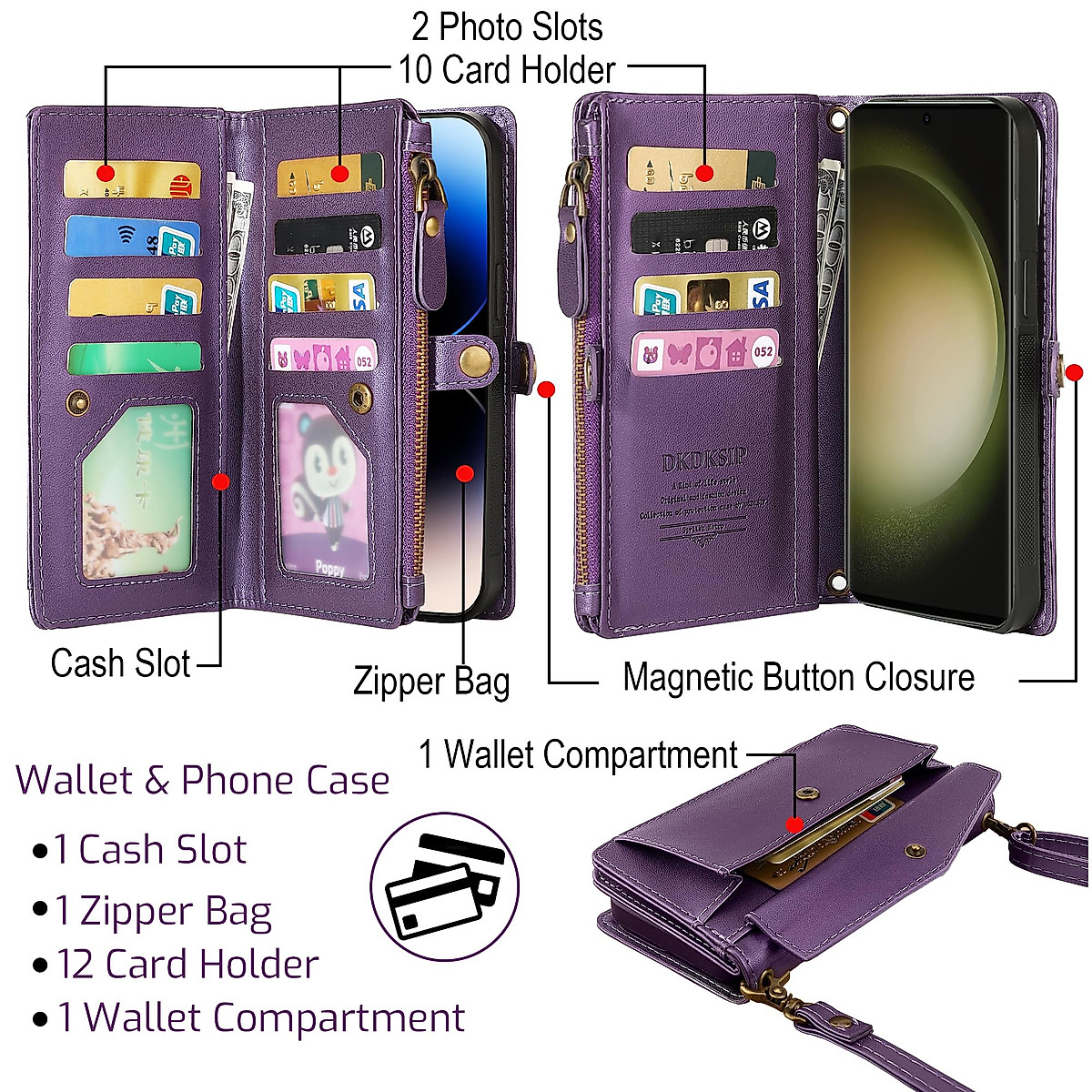 DKDKSIP for Samsung Galaxy S23 Ultra Wallet Case for Women, [Wireless Charging] [RFID Blocking] [12 Card Holder], Leather Detachable Magnetic Strap Phone Case for Galaxy S23 Ultra 6.8", Purple