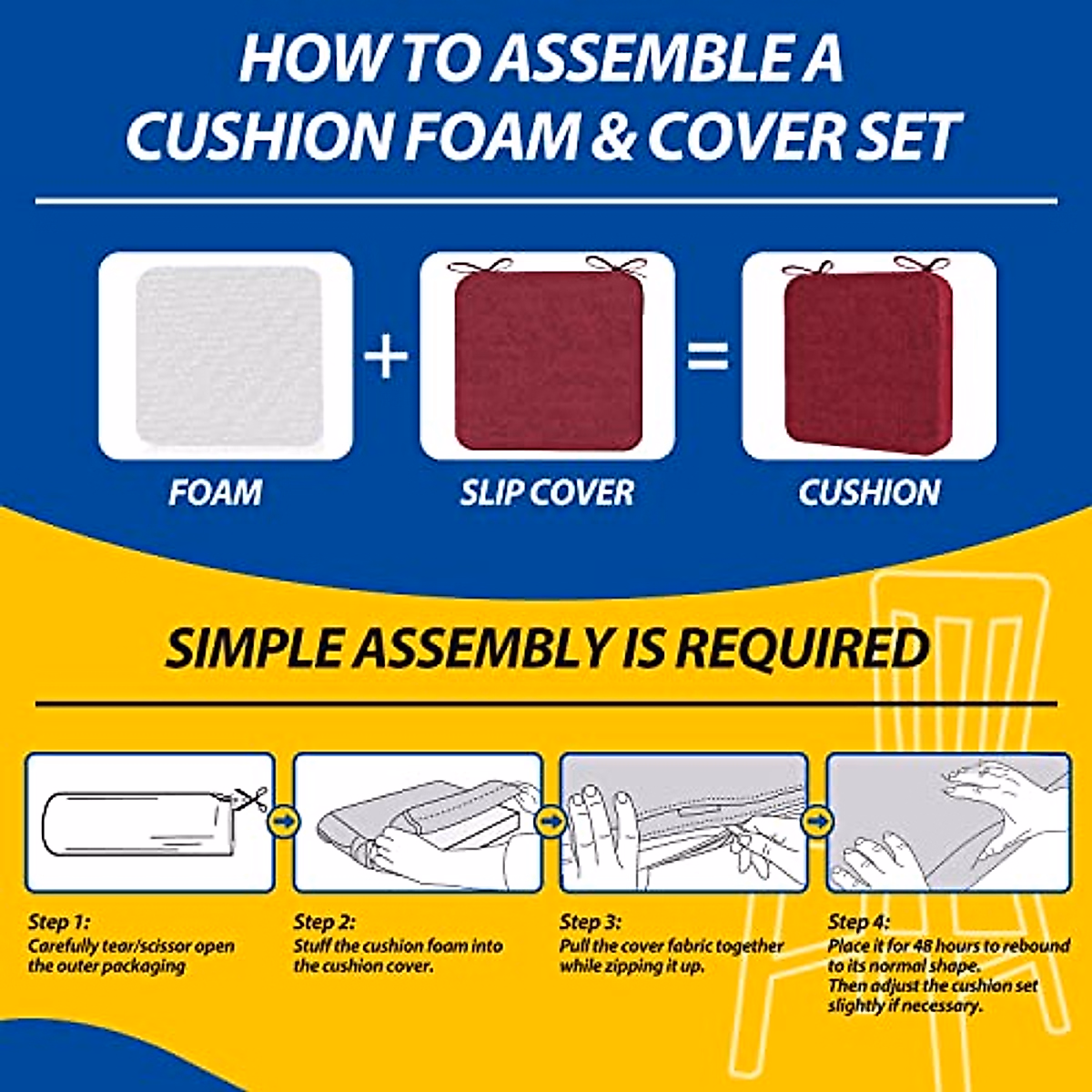 AAAAAcessories Square Chair Cushions with Ties and Removable Cover, 2" Thick Kitchen Chair Pads, Indoor Dining Room Chair Cushions, 16" x 16", 6 Pack, Wine Red