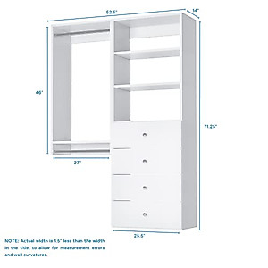 Closet Kit with Hanging Rods, Shelves & Drawers - Corner Closet System - Closet Shelves - Closet Organizers and Storage Shelves (White, 54 inches Wide) Closet Shelving