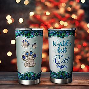 20oz Green Jade Jewelry Cat Mom Tumbler, World's Best Cat Mom Gifts for Cats Lovers, Coffee Thermos for Women, Stainless Steel Double Wall Vacuum Insulated Coffee Mug, Travel Cup with Lid