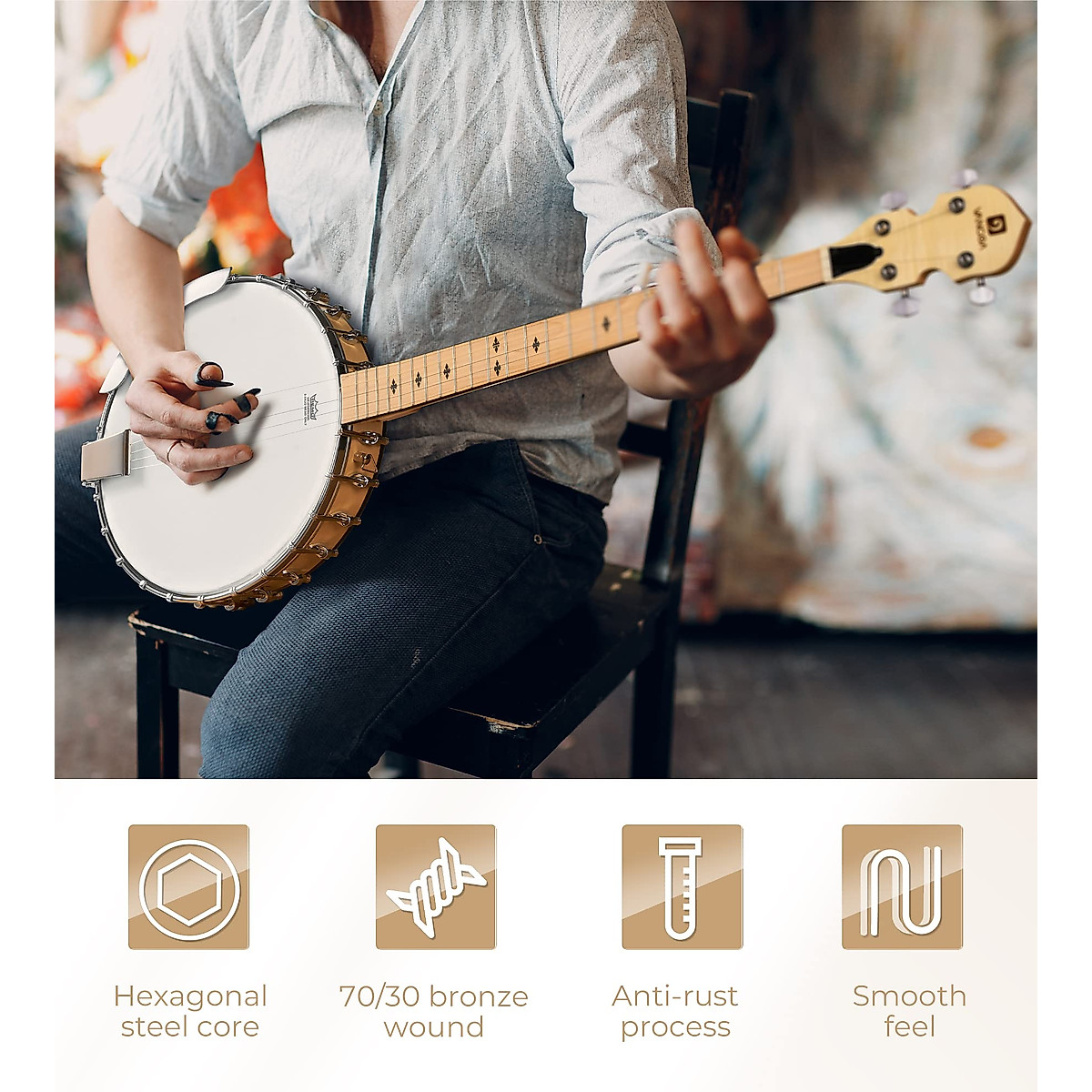 Vangoa Banjo Strings, Vacuum-sealed Packaging Duable Banjo Strings 5 String Set, 70/30 Bronze Stainless Steel, Medium 9-26