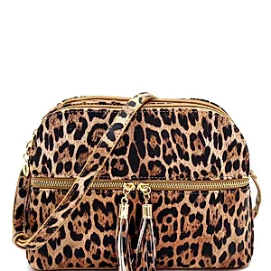 Trendeology Leopard Print Front Pocket Compartment Vegan Leather Dome Crossbody Purse Bag (Leopard3 - Tan) Medium