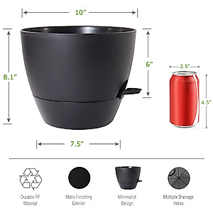 WOUSIWER 10 inch Self Watering Planters, 2 Pack Large Plastic Plant Pots with Deep Reservior and High Drainage Holes for Indoor Outdoor Plants and Flowers, Black