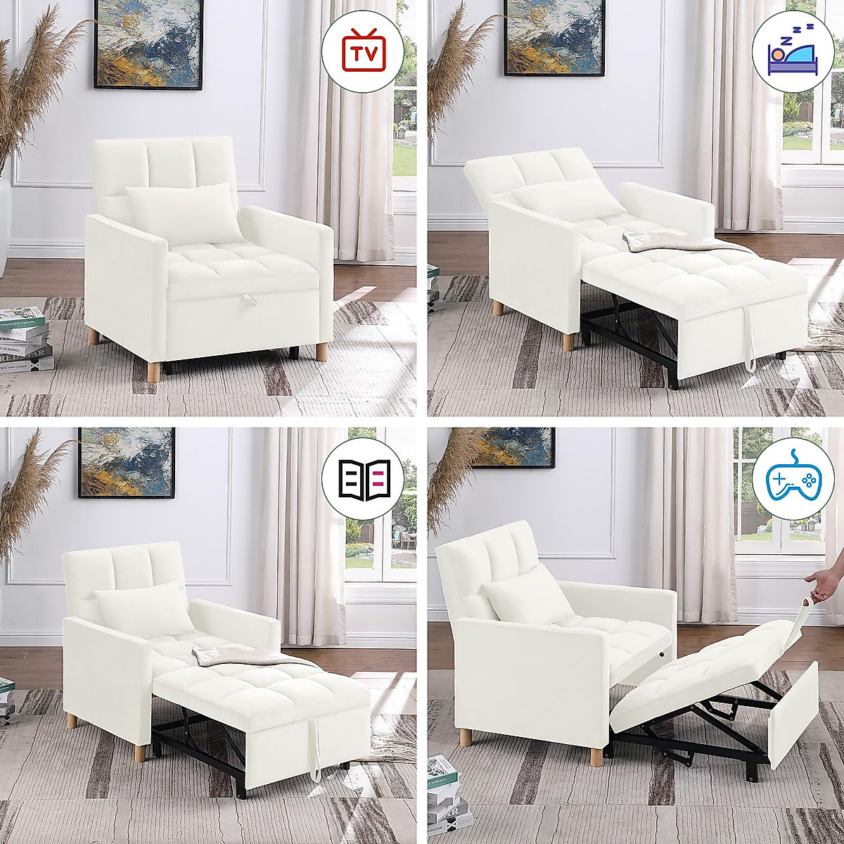 HANLIVES 3-in-1 Single Convertible Chair Bed,Sleeper Sofa Chair Bed with Pillow,Multi-Functional Sleeper Chair with Adjustable Backrest,pullout Sofa Bed with Velvet Fabric for Apartment(White)