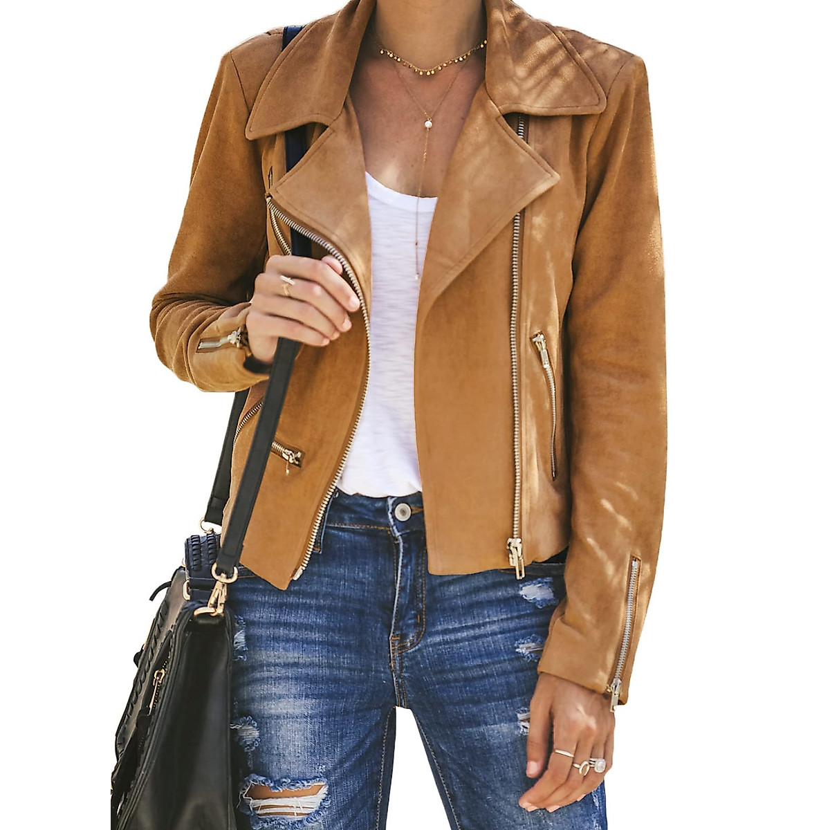 EVALESS Women's Trendy Stand Collar Faux Suede Jackets Moto Jacket Coat Brown L (MNGW85294-17-L)