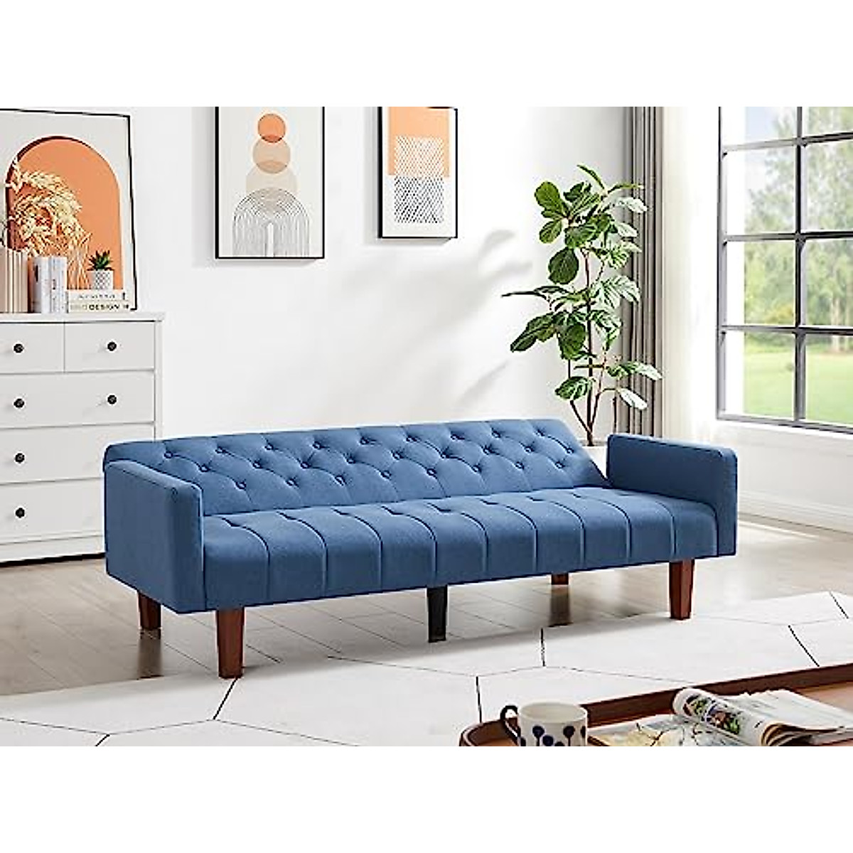 Blue, Linen, Convertible Double Folding Living Room Sofa Bed (Eucalyptus Wood Frame)