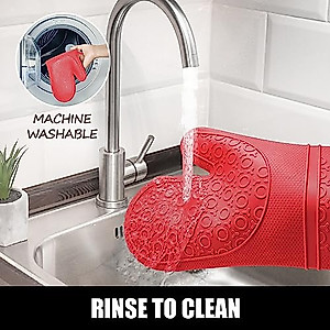 Rorecay Extra Long Oven Mitts and Pot Holders Sets: Heat Resistant Silicone Oven Mittens with Mini Oven Gloves and Hot Pads Potholders for Kitchen Baking Cooking, Quilted Liner, Red, Pack of 6