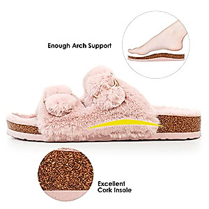 FITORY Womens Open Toe Slipper with Cozy Lining,Faux Rabbit Fur Cork Slide Sandals Pink Size 8
