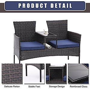 Outdoor Loveseat Set Patio Conversation Furniture Set with Removable Cushions & Table, Tempered Glass Top, Rattan Sofa Set for Garden Lawn Backyard (Brown-Blue)