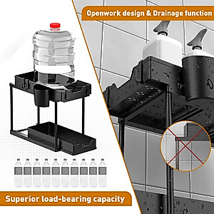 Ulruo 2 Pack Double Pull Out Under Sink Organizers, 2 Tier Multi Purpose Under Cabinet Organizer with Hooks & Hanging Cups, Under Sink Shelf Organizer for Kitchen Bathroom, Black