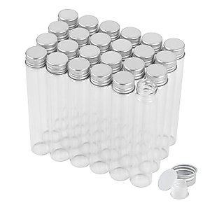 Cadbibe 30ml Glass Clear Test Tubes with Screw Caps and Plastic Stoppers, Liquid Sample Vial, Leak-Proof Flat Test Tubes, 24PCS