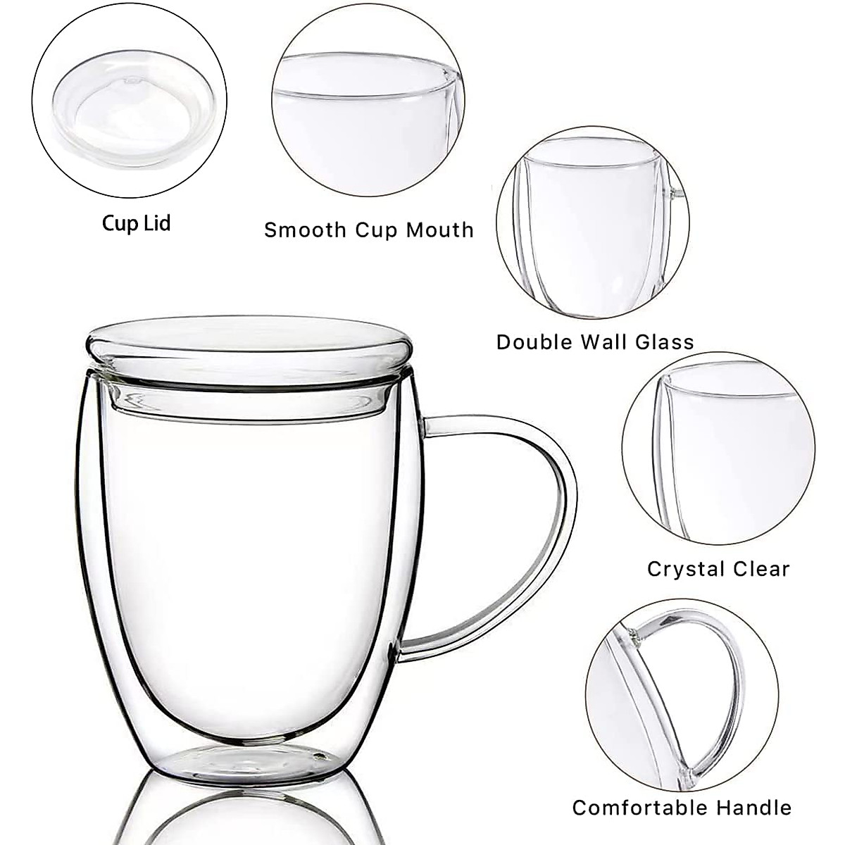 15 Oz Double Walled Glass Coffee Mugs, 2 Packs Clear Coffee Mugs with Lids Insulated Coffee Cups with Handle Perfect for Cappuccino,Tea,milk ,Espresso,Latte, Hot Beverage Set of 2 (Glass lid, 15oz)