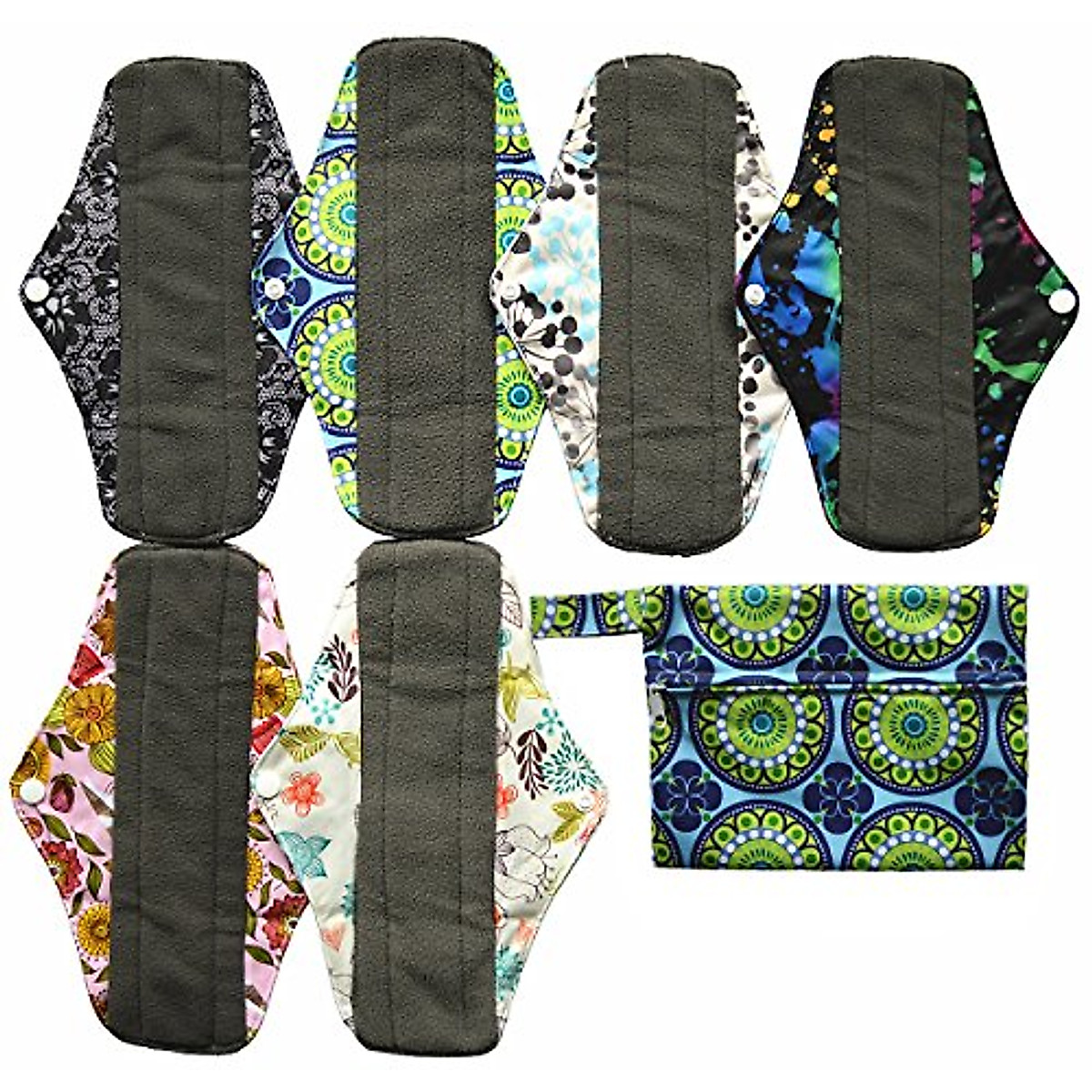 7pcs Set 1pc Mini Wet Bag +6pcs 10 Inch Regular Charcoal Bamboo Mama Cloth/Menstrual Pads/Reusable Sanitary Pads(Peacock)