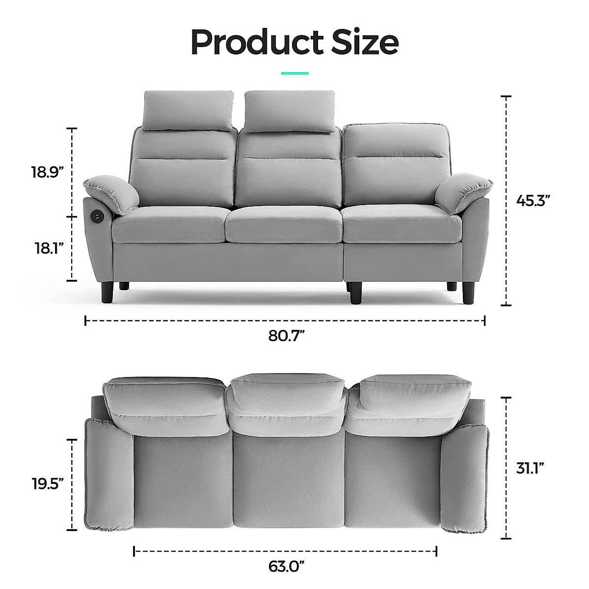 Sectional Sofa Couch, 3 Seat Small Couch with 2 USB Ports and Storage Pockets, Easy to Clean, Modern Small Sofa for Small Spaces, Living Room, Apartment, Gray
