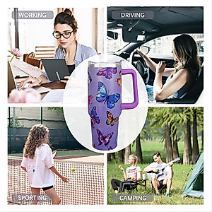 ZNYYZYBA 40 oz Tumbler with Handle and Straw, 40oz Butterfly Tumbler with Leak Proof Lid, Reusable Stainless Steel Insulated Travel Coffee Mug, Butterfly Gifts for Women