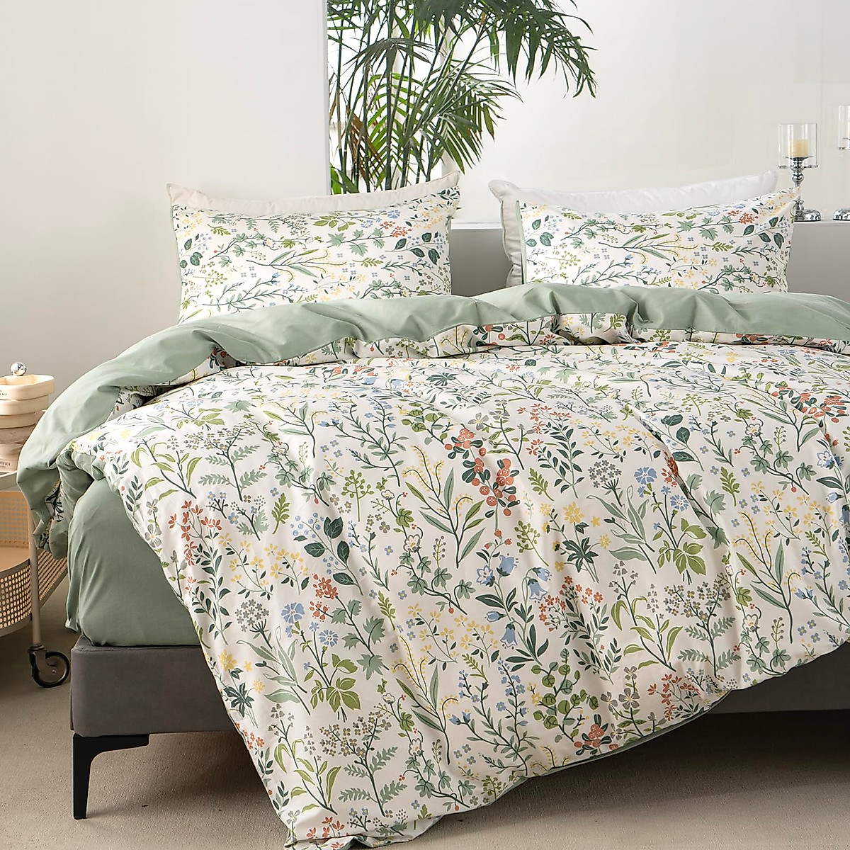 BUPIRD Floral Twin Duvet Cover 100% Soft Cotton 3 Pieces Flower Bedding Set for Girls Fresh Chic Garden Style Green Botanical Floral Pattern Printed Twin Flower Duvet Cover, with Zipper Closure