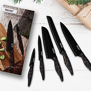 hecef 5 PCS Non-stick Coated Kitchen Knife Set with PP Handle and Protective Sheath, Exclusive Black Chef knife set, Scratch Resistance & Rust Proof (Lightning pattern)