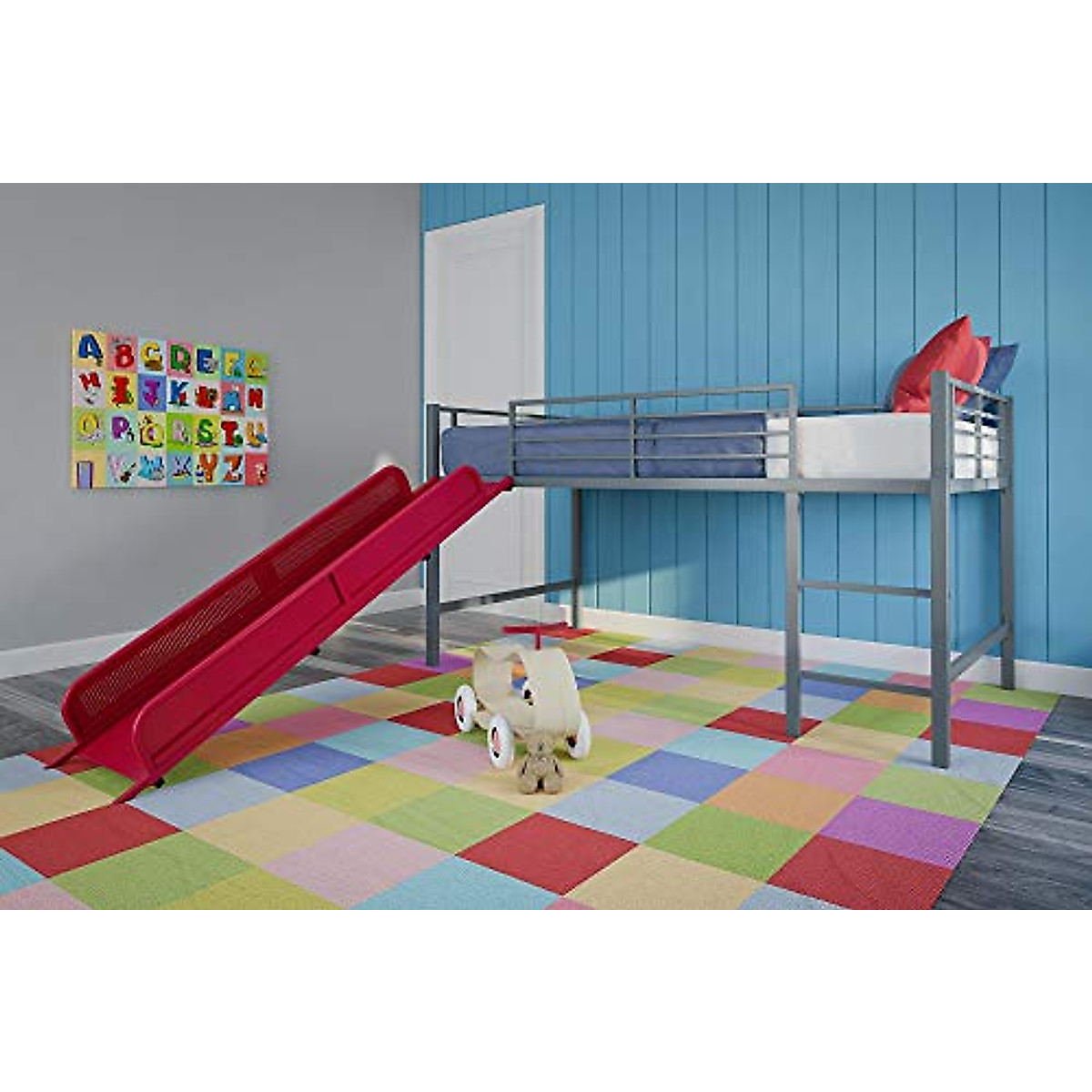DHP Junior Twin Metal Loft Bed with Slide, Multifunctional Design, Silver with Red Slide & Fire Department Design Curtain Set for Junior Loft Bed, Kids Furniture, Blue