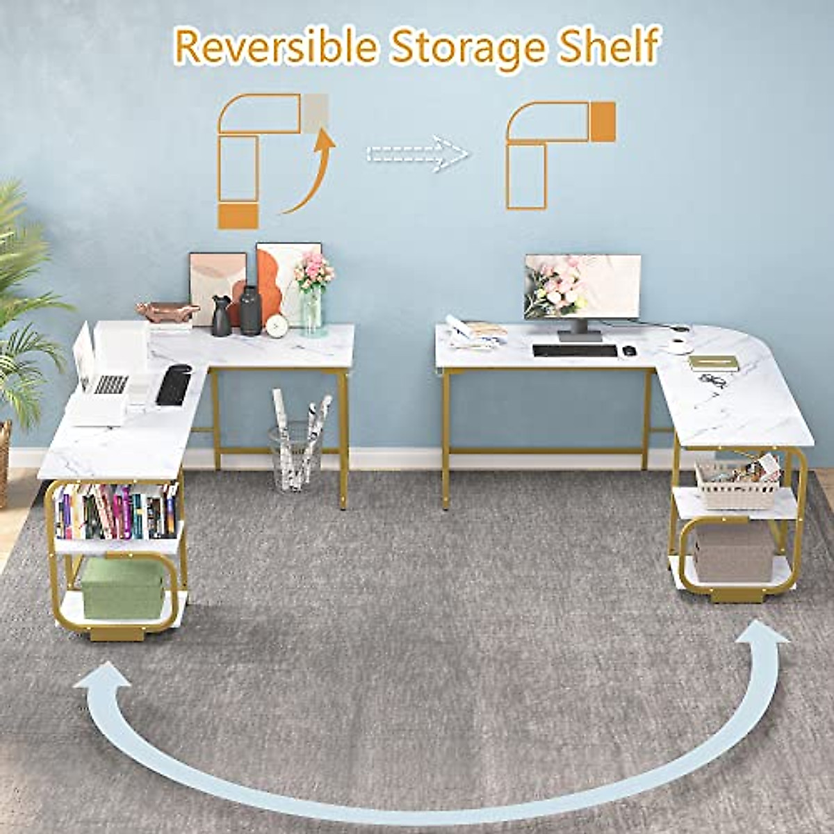 Merronix L Shaped Desk with Storage Shelves, Reversible Corner Computer Desk for Home Office, Modern Gaming L Desk with Spacious Desktop, White Marble and Gold