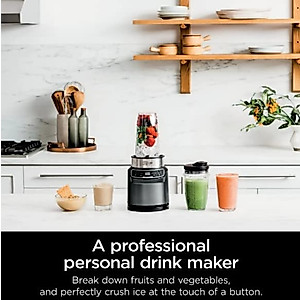 Ninja BN401-A Nutri Pro Compact Personal Blender, Auto-iQ Technology, 1100-Peak-Watts, for Frozen Drinks, Smoothies, Sauces & More, with (2) 32-oz. To-Go Cups & Spout Lids, Gray (2) 32-oz. To-Go Cups, Dark Gray)