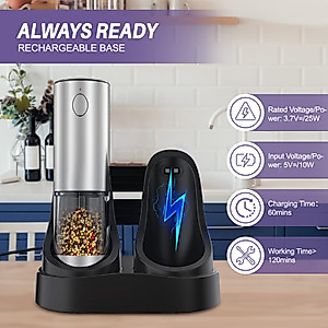 Electric Salt and Pepper Grinder Set, Automatic Pepper Mill Grinder w/Upgraded Charge Base and LED Light,Adjustable Coarseness,Rechargeable Black Peppercorn & Sea Salt Spice Mill Set